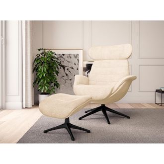Studio Copenhagen home24 Relaxsessel LESO Beige Teddy-Bouclé Stoff Bony mit Hocker Schwarz 90 x 107 x 90cm