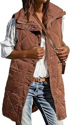 Generic Gilet long matelass&eacute; sans manches avec fermeture &eacute;clair et bouton pression pour femme - Couleur unie - Coupe ajust&eacute;e, caf&eacute;, XXL