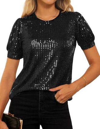 Grace Karin Chemisier &agrave; Paillettes pour Femme Manches Courtes Lanterne col Rond Pull &agrave; Paillettes Haut de soir&eacute;e Noir XL