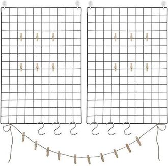 Songmics Fotowand aus Drahtgitter, 2er Set, Wanddekor, multifunktionale Gitterwand, Wandgitter, DIY, mit S-Haken, Klammern und Hanfschnur, schwarz LPP02H