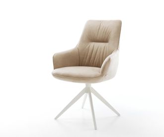 DELIFE Drehstuhl Zelia-Flex mit Armlehnen Mikrofaser Beige Vintage Kreuzgestell breit Wei&szlig; 360&deg; drehbar Wippfunktion Taschenfederkern, Esszimmerst&uuml;hle