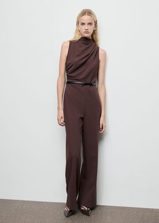 Mango Langer Jumpsuit mit drapiertem Ausschnitt und G&uuml;rtel schokolade - Damen - 3XL - MANGO