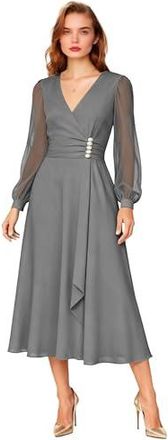 Generic Robe de mère de la mariée à manches longues en mousseline de soie plissée avec col en V pour invitée de mariage, gris, 36