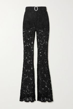 Alessandra Rich Schlaghose Aus Spitze Aus Einer Baumwollmischung Mit Kristallen Und G&uuml;rtel - Schwarz