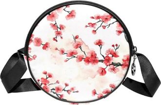 Generic Petit sac &agrave; bandouli&egrave;re rond pour femme, motif fleurs de cerisier avec fermeture &eacute;clair, bretelles r&eacute;glables, sac &agrave; main rond d&eacute;contract&eacute; pour femmes 