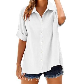 Generic Chemise en lin pour femme grande taille - Chemisiers &agrave; manches longues pour le travail en coton avec boutons &agrave; col popover, chemisier &agrave; &eacute;paules tomban