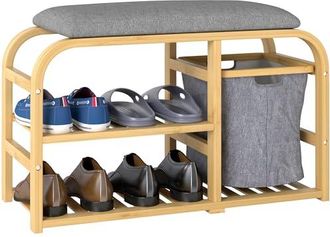 HOMCOM Banc &agrave; Chaussures en Bambou avec Coussin dassise, Meuble &agrave; Chaussures dot&eacute; de 2 &eacute;tag&egrave;res &agrave; Lattes et Panier Tissu Coulissant, Banc dentr&eacute;e pour Chambr