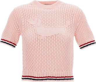 Thom Browne Femme, Tops, Rose, Taille: 38 FR Cotton Pointelle Stitch Hector RWB Tee
