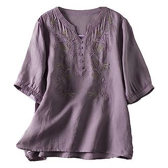 Generic Haut d&eacute;t&eacute; &agrave; manches 3/4 pour femme - Motif floral brod&eacute; - Style r&eacute;tro boh&egrave;me ethnique paysanne - Chemisier tendance, violet, XXL