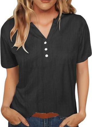 Generic Chemisier d&eacute;t&eacute; ample &agrave; manches courtes et revers roul&eacute; avec patte de boutonnage pour femme, coupe ample, col en V, pour le travail, les vacances | Hau