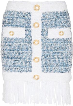 Balmain Femme, Jupes, Bleu, Taille: 40 FR Jupe en tweed denim &agrave; franges