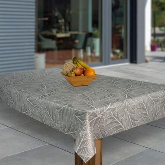 Laro Wachstuch-Tischdecke Abwaschbar Wachstischdecke PVC Plastik-Tischdecken Eckig Meterware Abwischbar, Muster:Blätter Grau Weiß, Größe:130x140