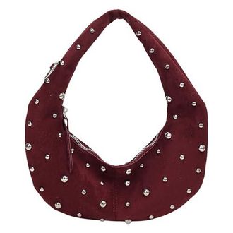 Generic Sac &agrave; bandouli&egrave;re en daim synth&eacute;tique clout&eacute; avec fermeture &eacute;clair et rivets demi-lune pour l&eacute;cole, le travail, un usage quotidien, Rouge, 12.99x0.79x