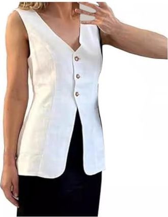 Generic Gilet Long en Lin pour Femmes, été décontracté sans Manches Gilet Zippe Enfant