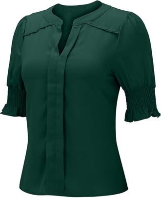 Generic Chemise daffaires boutonn&eacute;e pour femme - Col en V - Manches bouffantes - Couleur unie - Chemise blanche &agrave; manches longues pour femme, Vert, L
