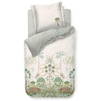 Pip Studio Bettwäsche Panoramico Cremefarben Bäume Farne Oriental Ornamente Grün Blumen Früchte Häuser Regenwald, Größe:135 cm x 200 cm