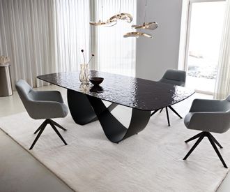 DELIFE Esstisch Edge Boot 240x120 Reliefglas Rauchschwarz 3D-Design Infinity Metall Schwarz, Esstische