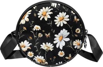 Generic Sac &agrave; bandouli&egrave;re rond pour femme, marguerites et abeilles, petit sac &agrave; bandouli&egrave;re avec fermeture &eacute;clair, bretelles r&eacute;glables, sac &agrave; main rond d&eacute;cont