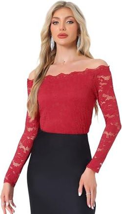 Allegra K Haut Chemisier &agrave; Manches Longues Transparent en Dentelle Florale pour Femmes de No&euml;l Rouge M