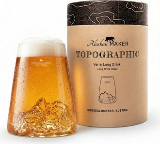 Alaskan Maker Langes Glas 450 ml - Hochwertiges Borosilikat handgeblasen mit gepr&auml;gten Bergen | Cocktail, Bier oder Softdrink TOPOGRAFISCH (Gro&szlig;glockner)