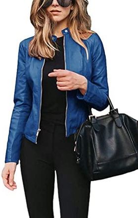 Onsoyours Femme Veste en Cuir PU Vintage Bombers Moto Blouson Manteau Simili Cuir Biker Jacket Zippé Chaud Casual A Bleu XXL