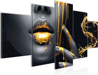 Runa Art Bilder Lippen Gold Schwarz 200 x 100 cm 5 Teilig XXL Wanddekoration Design Frau 041551a