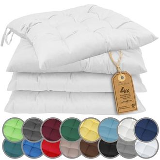 NatureMark Lot de 4 Galettes de Chaises avec Rubans 40x40 cm - Coussin de Chaise Épais pour Intérieur & Jardin - Couleur Blanc