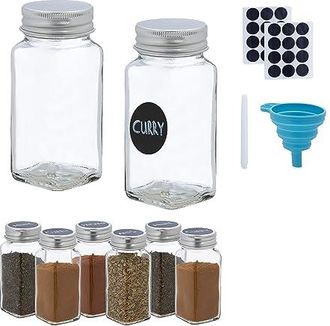 Relaxdays Gewürzgläser 8er Set, Streueinsatz, Gewürzdosen Glas, 120 ml, inkl. Etiketten, Stift & Trichter, transparent