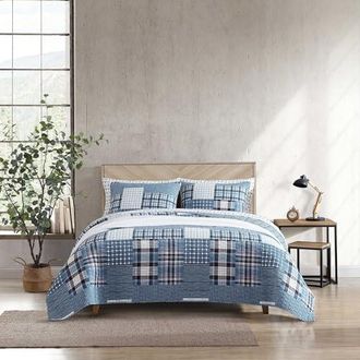 Eddie Bauer Bettwäsche-Set für Doppelbett, wendbare Baumwoll-Bettwäsche mit passendem Kissenbezug, Patchwork-Plaid, Heimdekoration (Hawthorne Blue, Twin)
