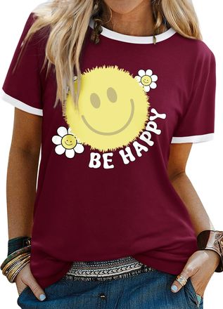 Dresswel Tshirt Damen Be Happy L&auml;chelndes Gesicht Druck T-Shirt Rundhals Kurzarm T Shirts Sommer Oberteile Tee Tops Bluse