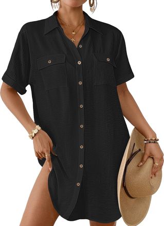Bsubseach Frauen Badeanzug Coverup Button Down Badeanzug Cover Up f&uuml;r Bademode Sommer Strand Shirt Kleider Resort Wear Schwarz XXL