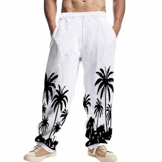 Generic Pantalon de loisirs d&eacute;t&eacute; l&eacute;ger pour homme - Pantalon en lin imprim&eacute; hawa&iuml;en - Pantalon d&eacute;t&eacute; avec taille &eacute;lastique - Pantalon de plage respirant - Pant