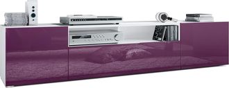 Vladon Lowboard Mogan, TV-Kommode mit 2 Türen, 1 Klappe und 1 offenes Fach, Weiß matt/Brombeer Hochglanz (181 x 39 x 35 cm)