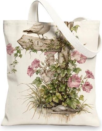 Generic Sac fourre-tout en toile à motif floral, sacs de courses vintage réutilisables, légers et respectueux de lenvironnement, sacs à bandoulière blancs 33 