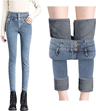 Generic Jeans pour femme taille haute, pantalon thermique doublé en polaire, contrôle du ventre, jean droit pour lhiver, pantalon en jean épais, effet push-up
