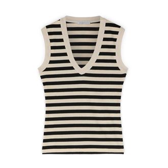 Motivi Top &agrave; rayures c&ocirc;tel&eacute;es avec encolure en V - Femme - Tops - Beige - Taille: 38 FR