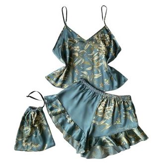 Generic YUJIEBB Ensemble de pyjama &eacute;l&eacute;gant &agrave; imprim&eacute; floral avec camisole et short &agrave; ourlet &agrave; volants pour femme, Vert, S