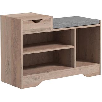 HOMCOM Banc &agrave; chaussures - HOMCOM - 1 tiroir et 3 compartiments - avec coussin rembourr&eacute;e - pour couloir, entr&eacute;e, chambre - gris effet bois