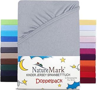 NatureMark Lot de 2 draps-housses pour enfant - 70 x 140 cm - Jersey doux, 100 % coton - Pour lit de bébé et lit denfant - Gris argenté