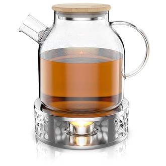 Arendo Glas Teekanne mit St&ouml;vchen - Bambusdeckel - inklusive Edelstahlst&ouml;vchen - Fassungsverm&ouml;gen 1,4 Liter - hitzebest&auml;ndig - mit Siebeinsatz f&uuml;r Bl&uuml;tentee 