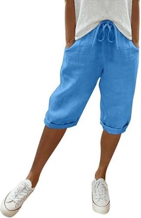 Generic Short d&eacute;t&eacute; d&eacute;contract&eacute; en Coton et Lin avec Cordon de Serrage &agrave; la Taille Poches pour Femme randonn&eacute;e Longueur Genou V&ecirc;tement d&eacute;tente Haute