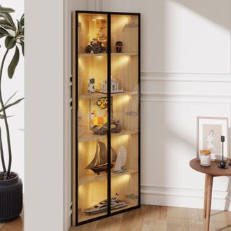 STILVORA Vitrine dAngle avec 2 Portes et LED, Style Moderne, pour Salon, en MDF et Verre Tremp&eacute;, 62&times;35&times;160 cm, Ch&ecirc;ne