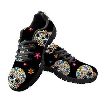 CHAQLIN Cool Skull Print Chaussures de course respirantes à lacets pour femme - Noir - Tête de mort 3., 39 EU