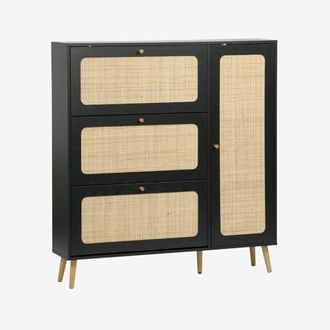 Sweeek Meuble à Chaussure cannage Bohème Noir. 3 tiroirs. 1 Porte. 21 Paires. 120 x 24 x 125 cm