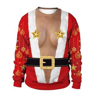 Generic Pull de Noël fantaisie imprimé pour homme - Pull de Noël amusant à manches longues - Col rond - Pull de Noël moche - T-shirt de Père Noël - Costume de