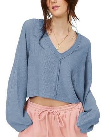 Generic Sweat-shirt court vintage &agrave; manches longues pour femme, coupe d&eacute;contract&eacute;e, col en V, patchwork abricot, taille M, pour le quotidien, le travail et le