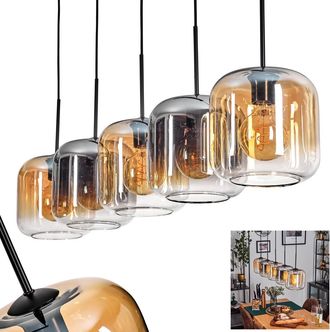 HOFSTEIN Pendelleuchte Lauden, Pendellampe aus Metall/Glas in Schwarz/Rauch/Bernstein/Klar, Leuchte im modernen Retro/Vintage-Design mit Schirmen aus Glas (Ø 2