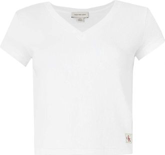 Calvin Klein Damen T-Shirt Kurzarm Woven Label Rib Tee mit V-Ausschnitt, Wei&szlig; (Brilliant White), S