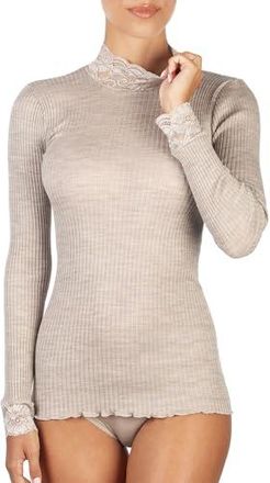 EGi Exclusive Collections Haut &agrave; manches longues en laine m&eacute;rinos m&eacute;lang&eacute;e avec bordure en dentelle. Fi&egrave;rement fabriqu&eacute; en Italie., Col montant Noce, L-XL