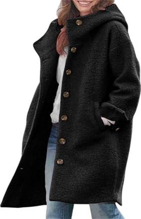 Generic Manteau dhiver long en laine &agrave; boutonnage simple pour femme, manteau dhiver &agrave; capuche surdimensionn&eacute; &agrave; capuche, Noir, 3XL